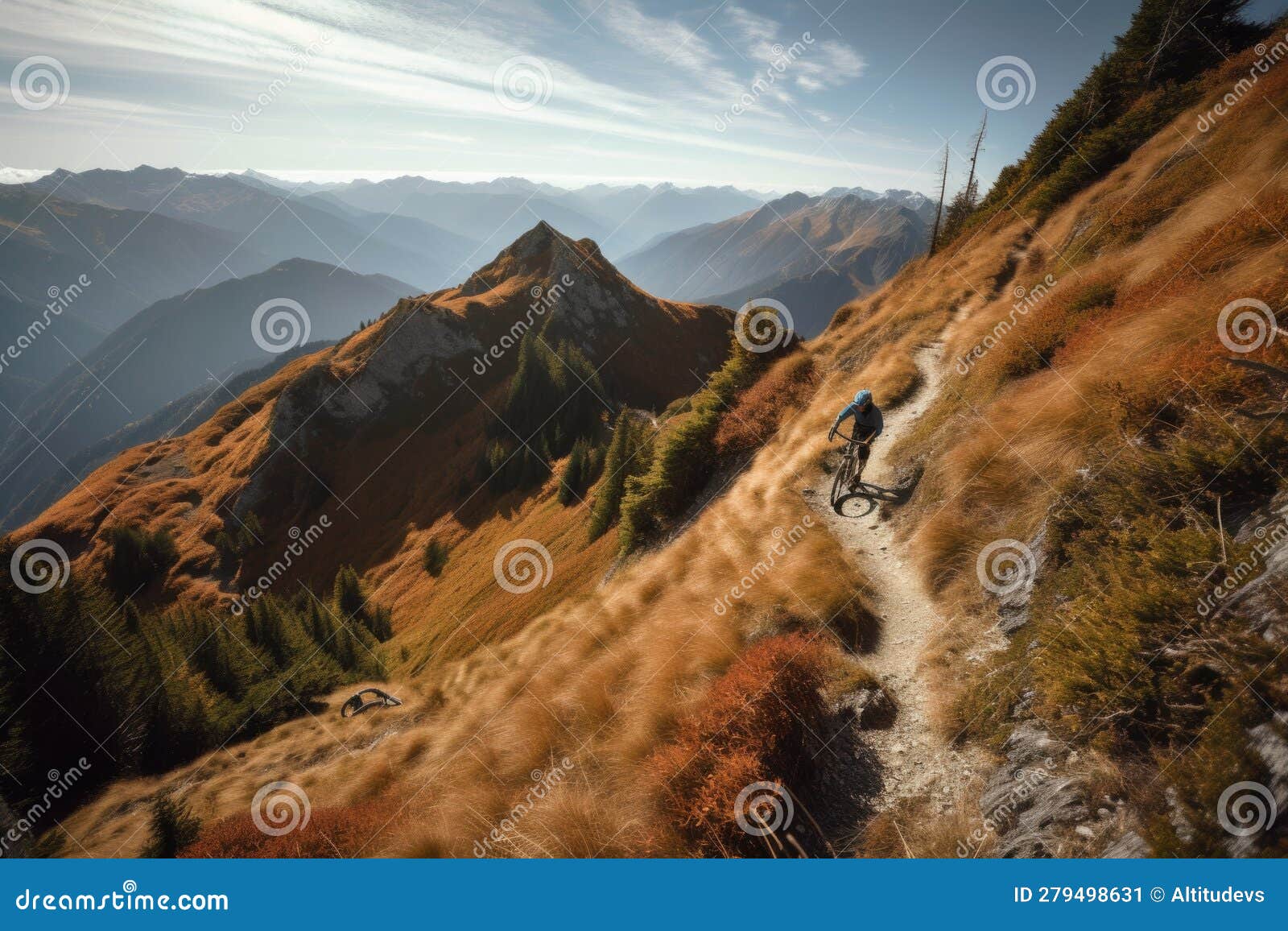 Mountain Biker Descending Grueling Descent, with the View of the Valley ...