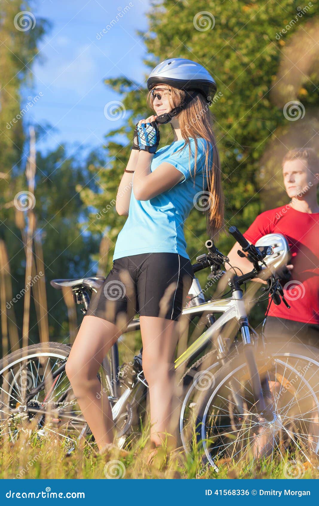 Mountain Bikers Having Rest in Summer Forest Stock Photo - Image of ...