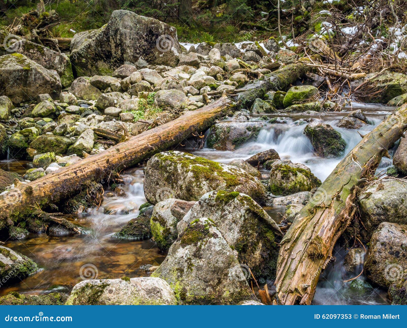 Mountain Brook with Mossy Boulders Stock Image - Image of poland, logs ...