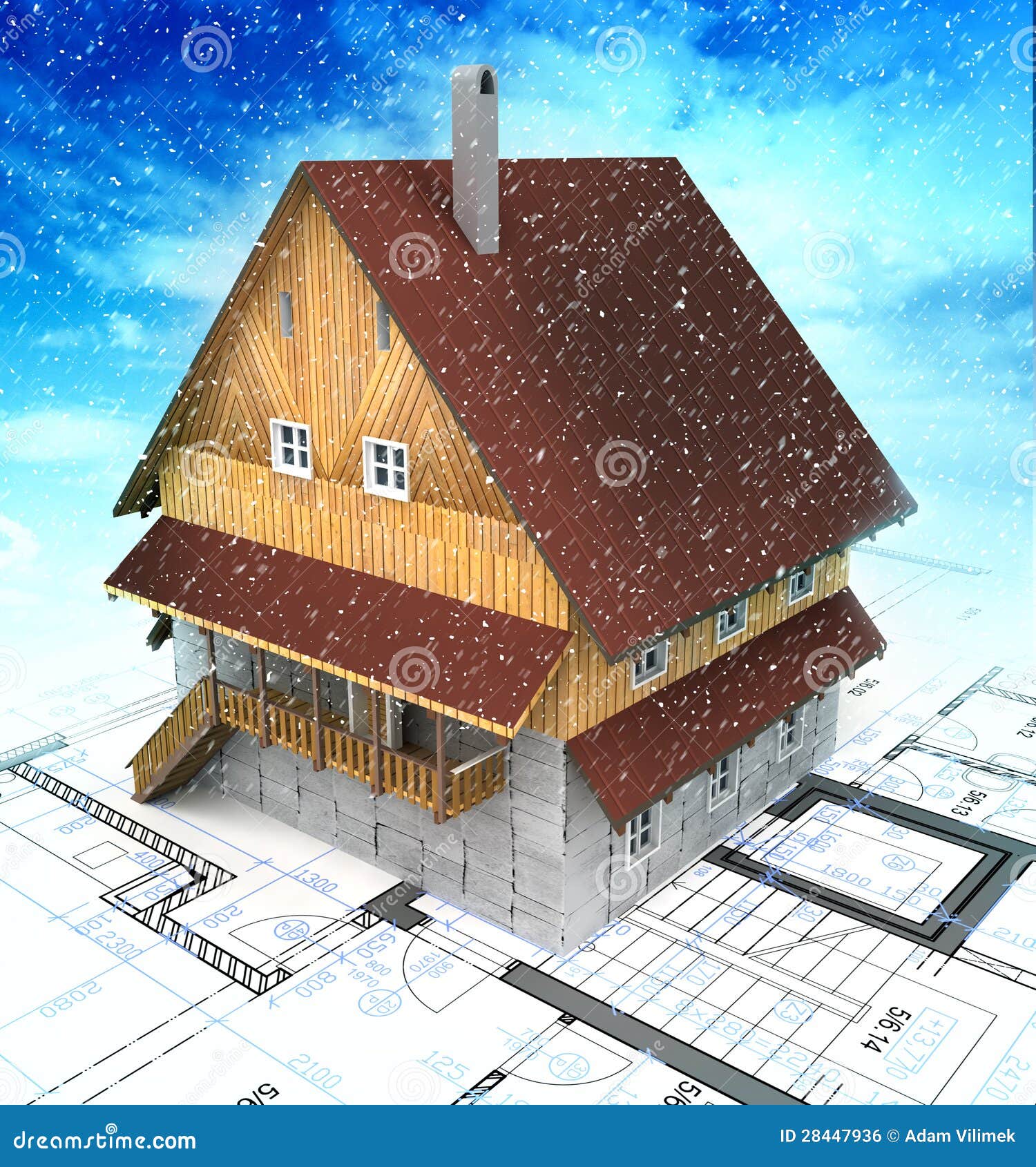 Mountain Building House with Layout Plan at Cloudy Snowfall Stock ...