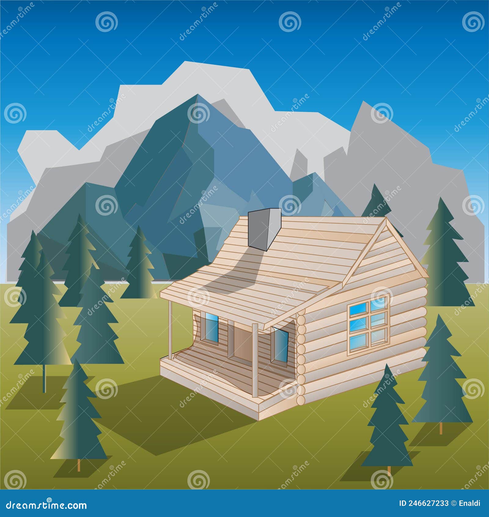 Mountain Cabin View and Landscape Vector Illustration Stock Vector ...