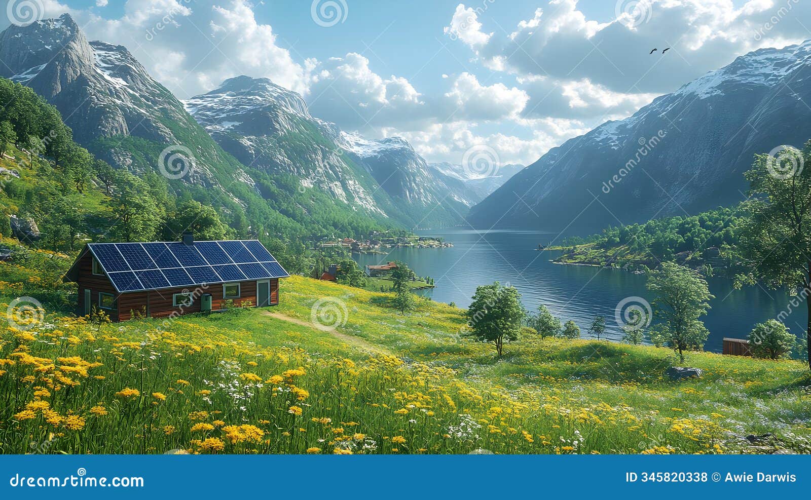 Mountain Cabin with Solar Panels 3D Illustration Stock Illustration ...