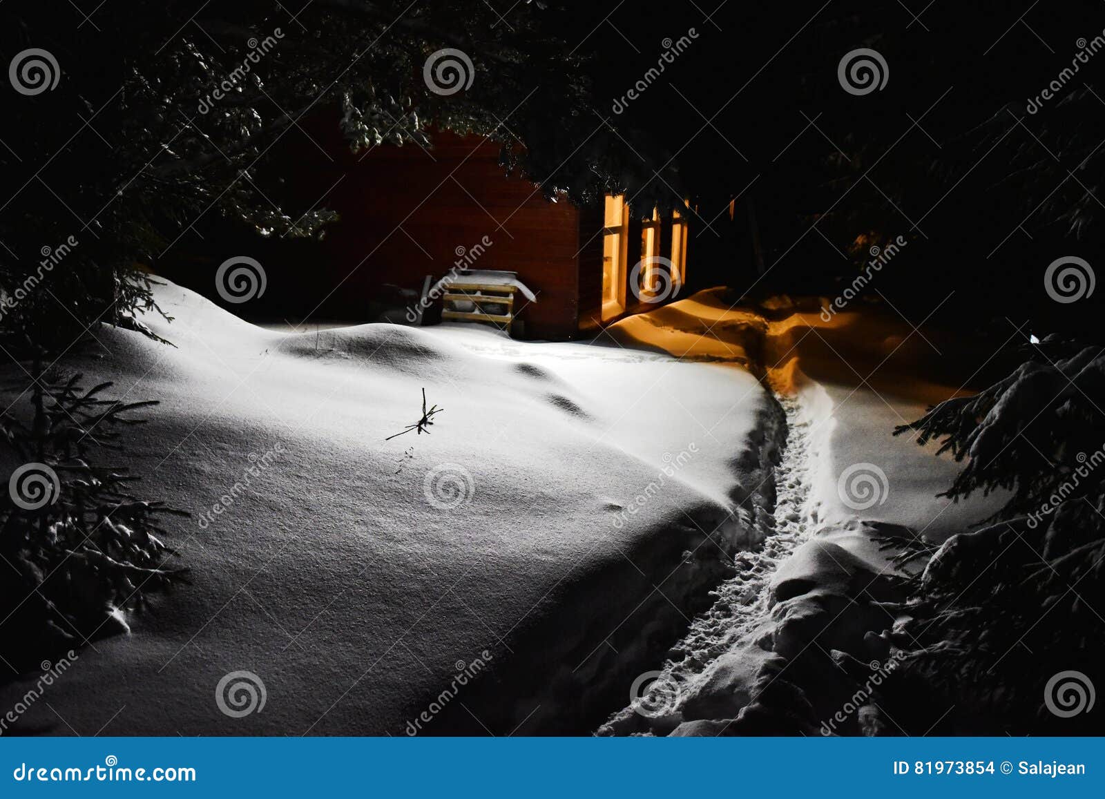 Mountain Cabin in Winter Evening Scene Stock Photo - Image of cozy ...