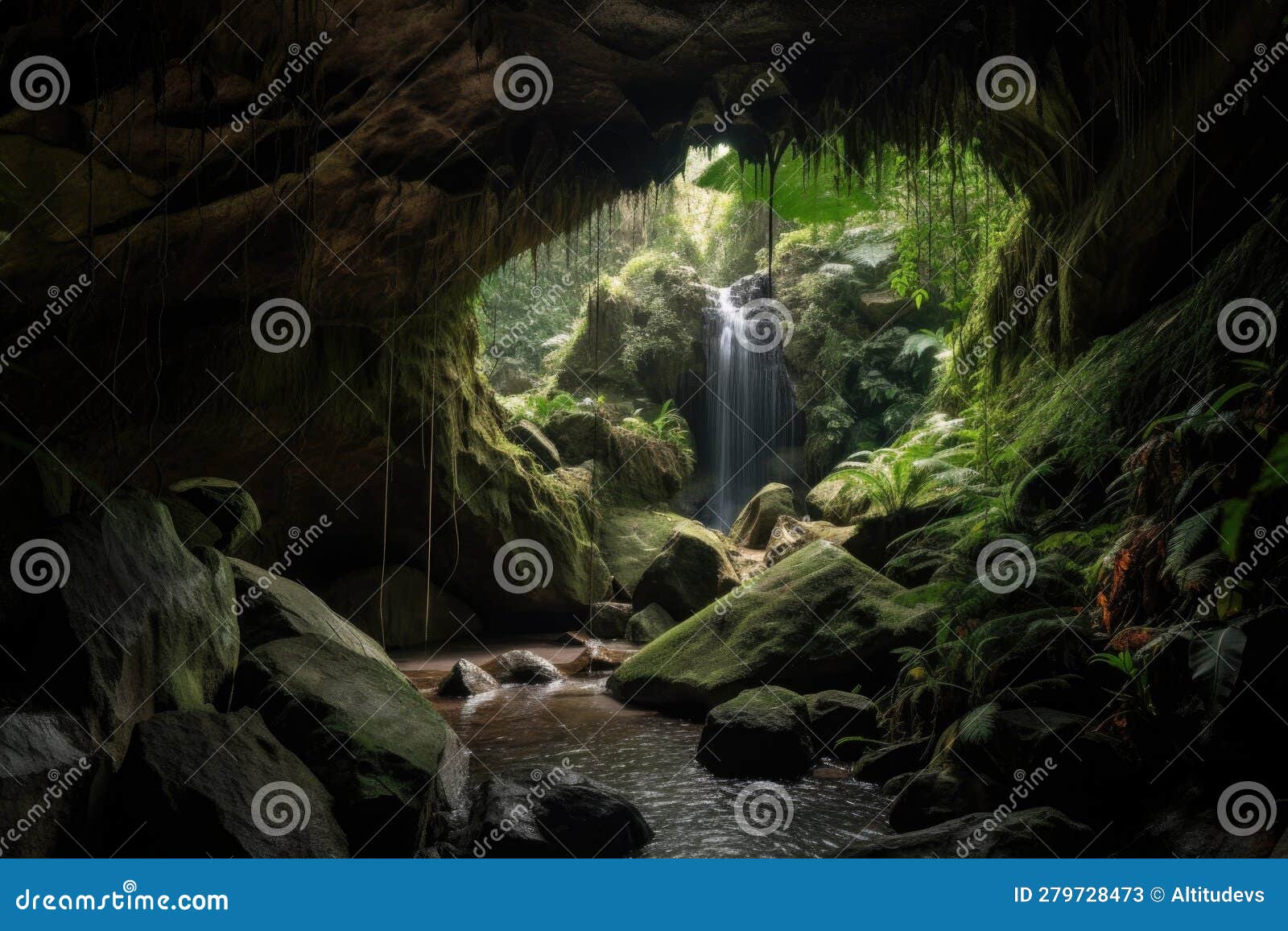 Mountain Cave with Waterfall and Rushing Stream, Surrounded by Lush ...