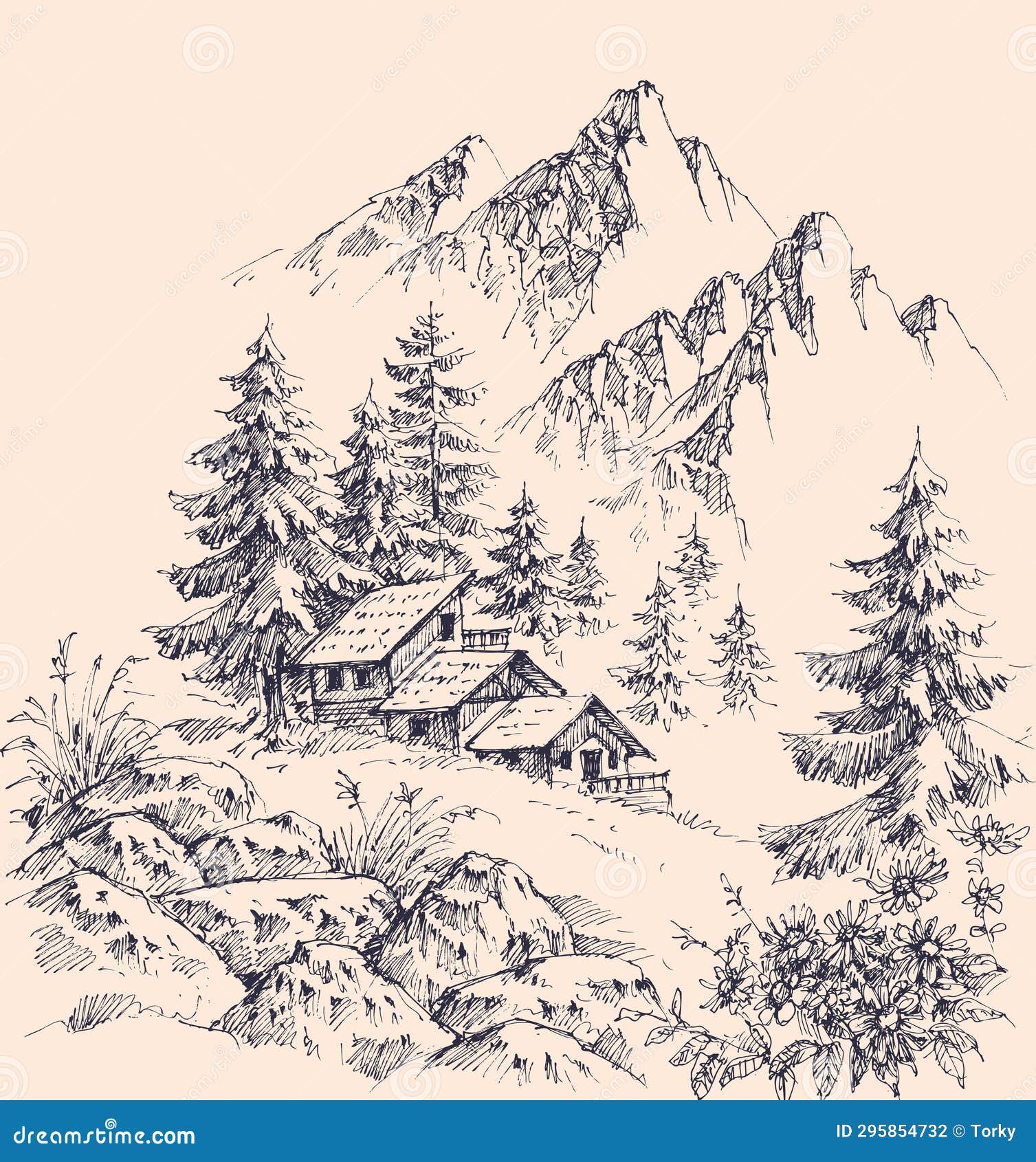 Mountain Chalet Facade And Section, Detailed Architectural Technical ...