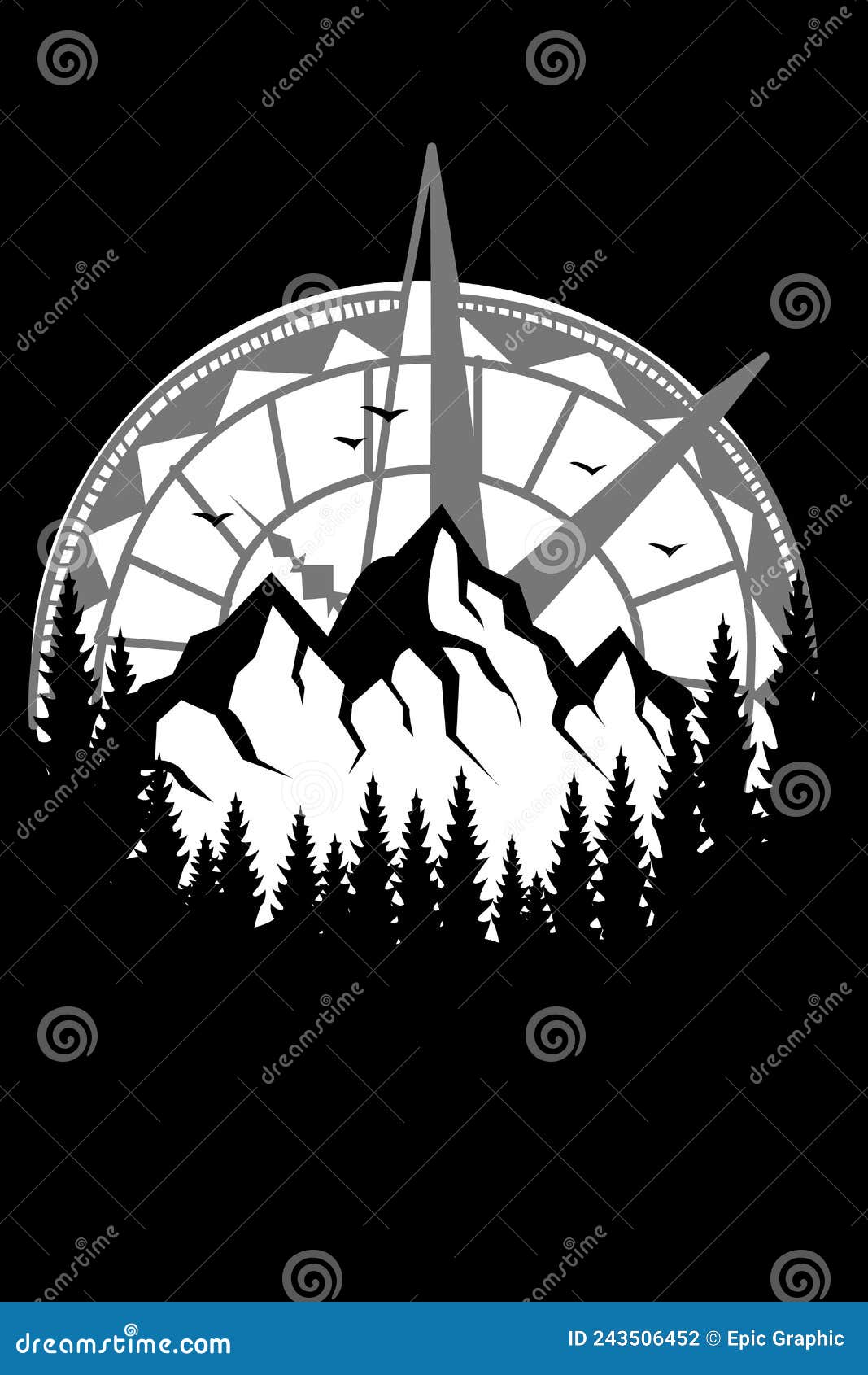 Mountain with Compass Vector Illustration Stock Vector - Illustration ...