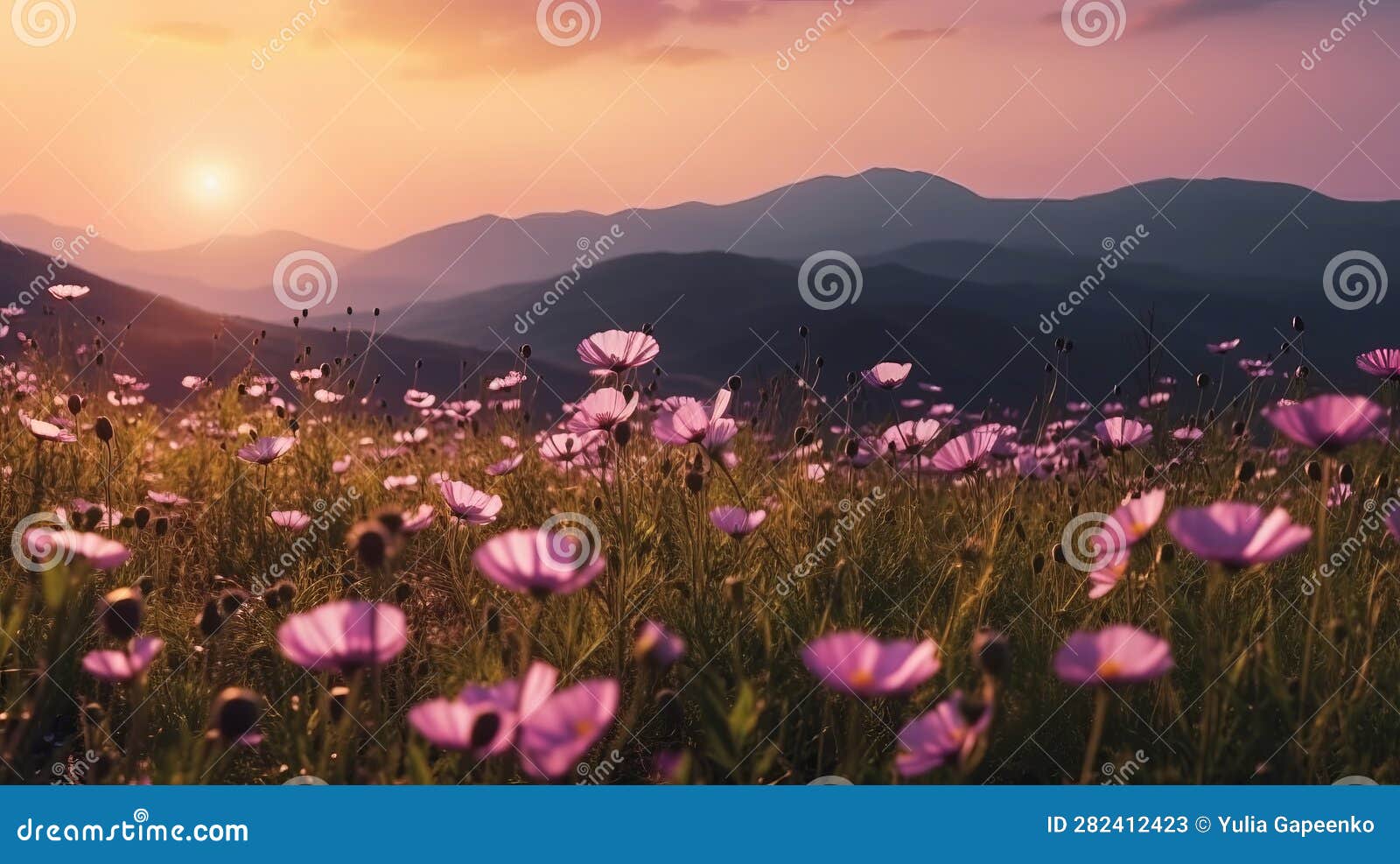 Mountain with Cosmos Blooming. Illustration AI Generative Stock ...