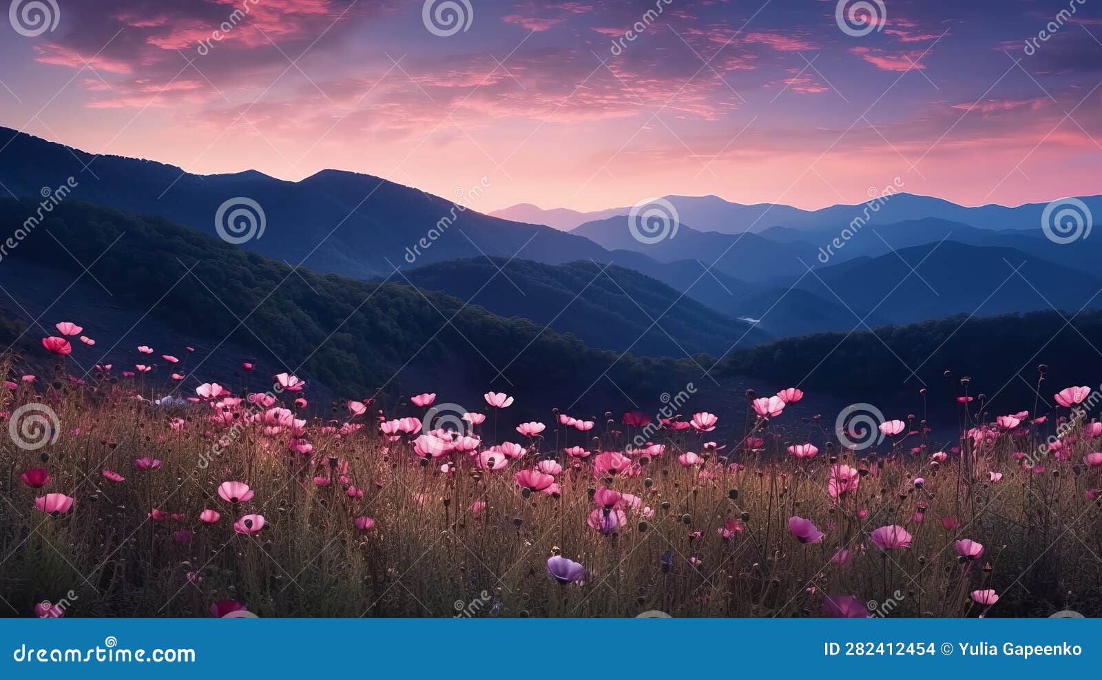Mountain with Cosmos Blooming. Illustration AI Generative Stock ...