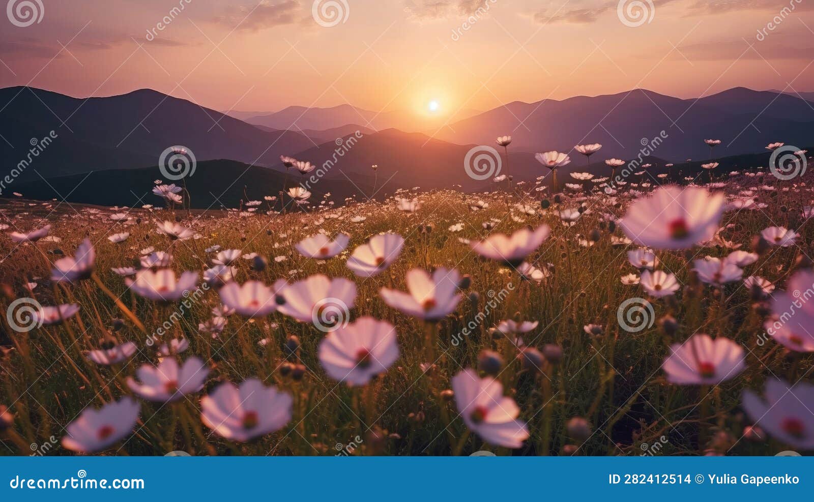 Mountain with Cosmos Blooming. Illustration AI Generative Stock ...