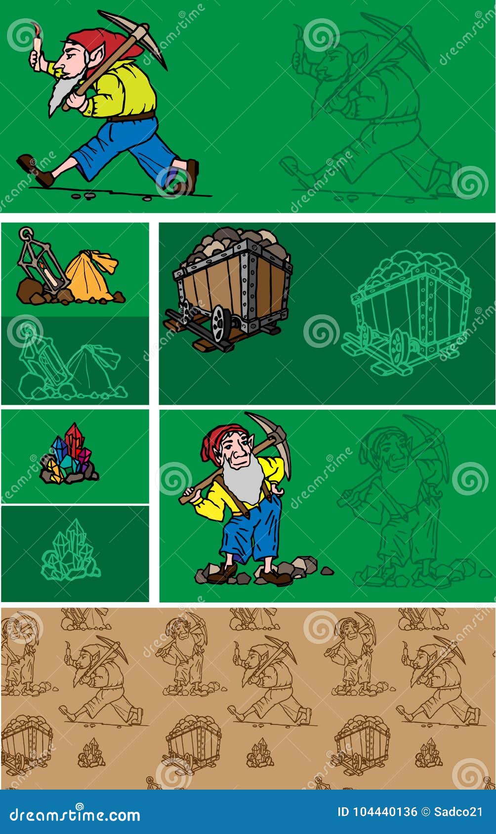 Dwarfs Mining Gold Ore In An Old Cave. Fantasy Game Vector Background ...