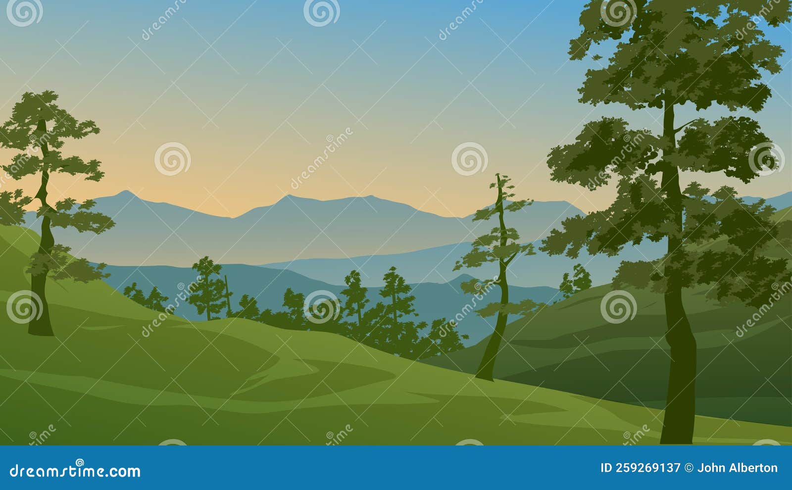 Mountain Forest Sunset or Sunrise Landscape Stock Illustration ...