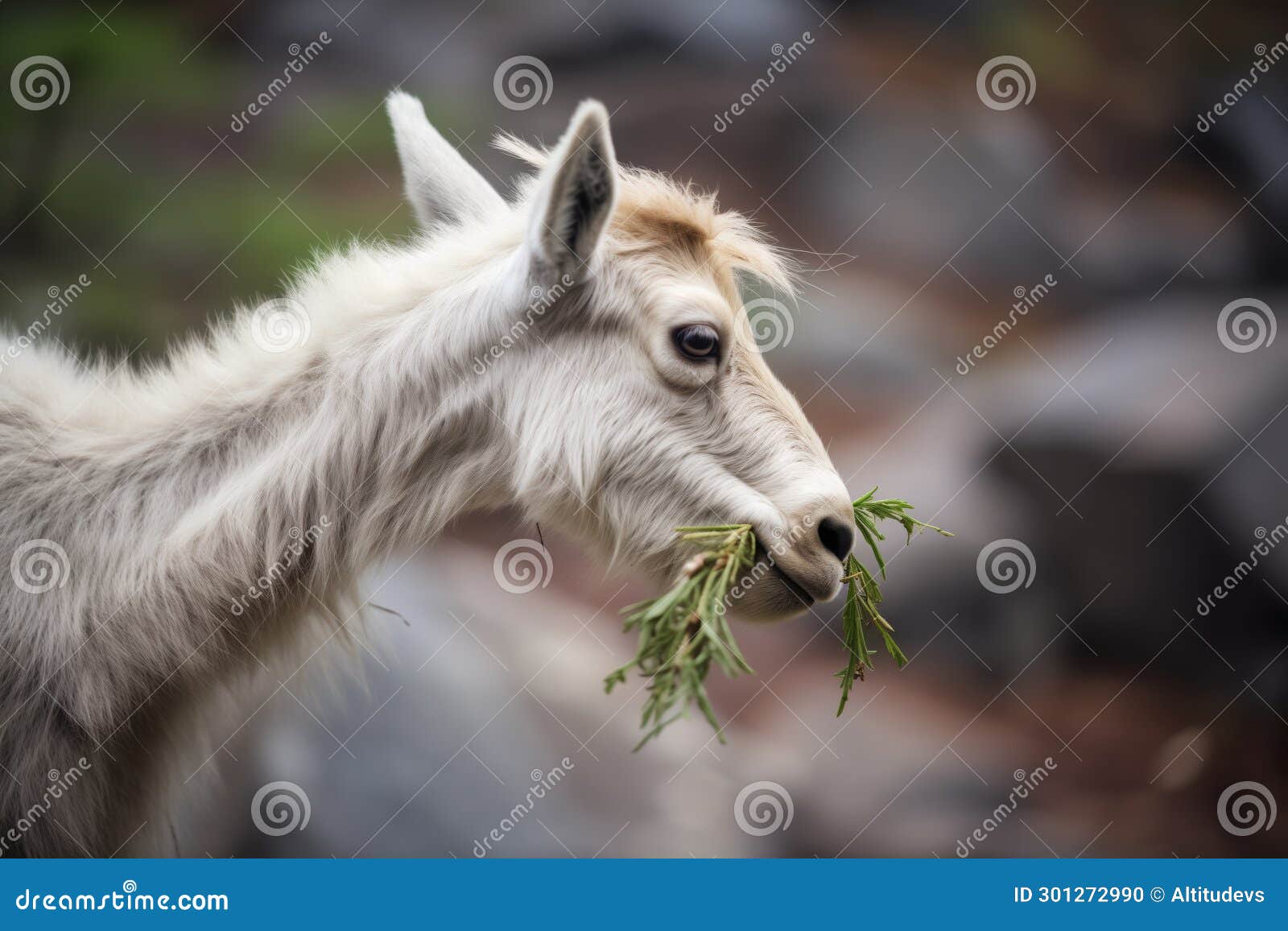 Mountain Goat Chewing on Shrubs on Rocky Terrain Stock Photo - Image of ...