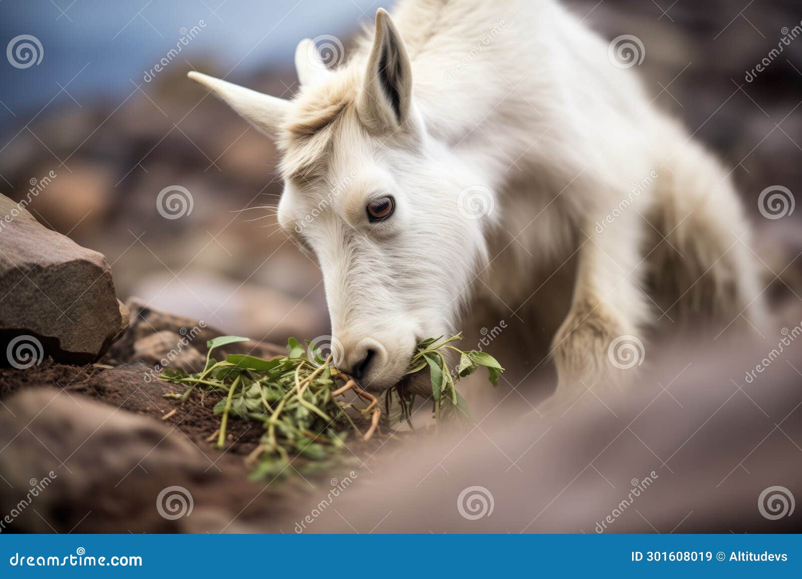 Mountain Goat Chewing on Shrubs on Rocky Terrain Stock Image - Image of ...