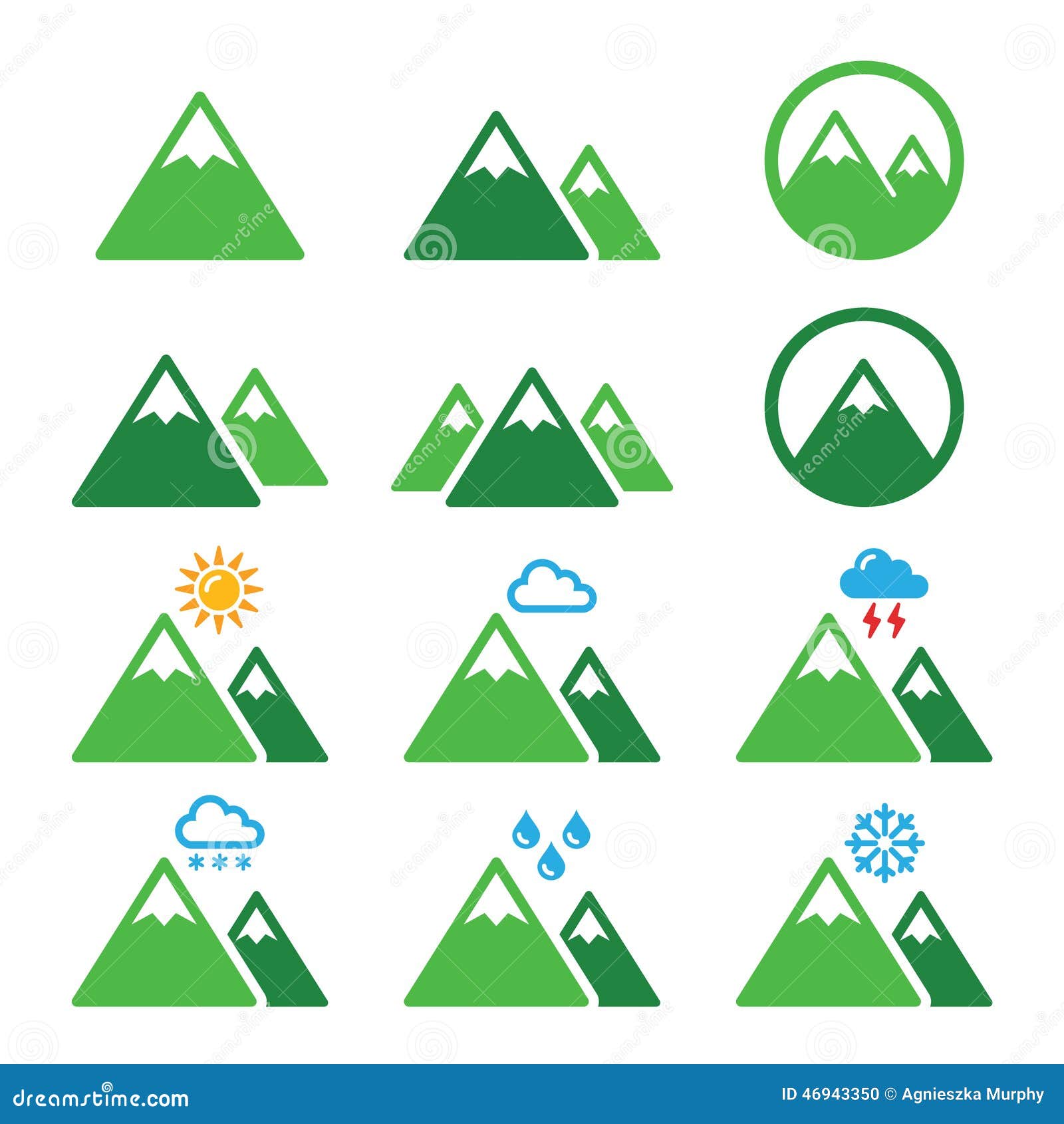 Mountain green icons set stock illustration. Illustration of backpack ...