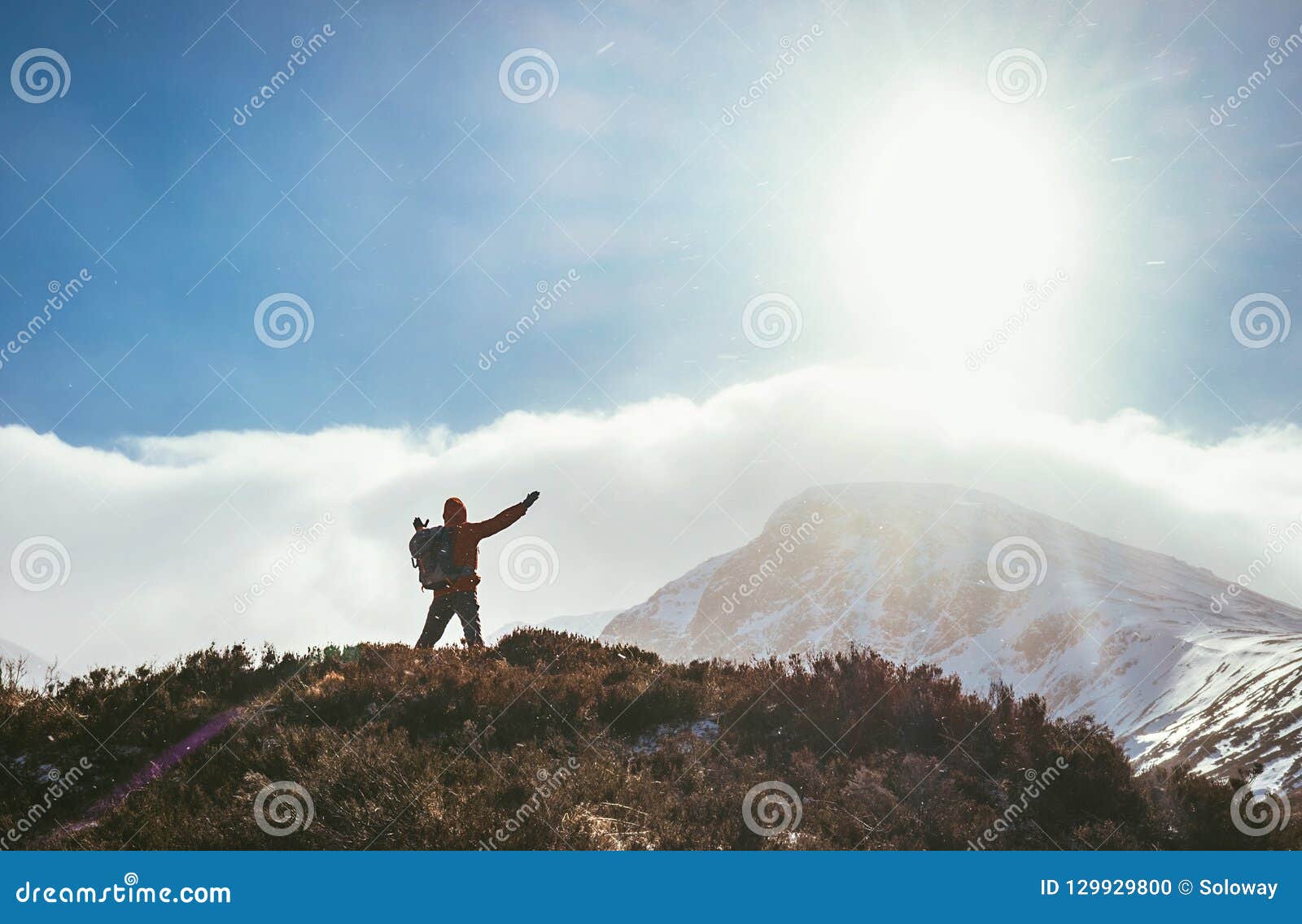 Mountain Hiker Greeting the Sun in Highlands Stock Photo - Image of ...