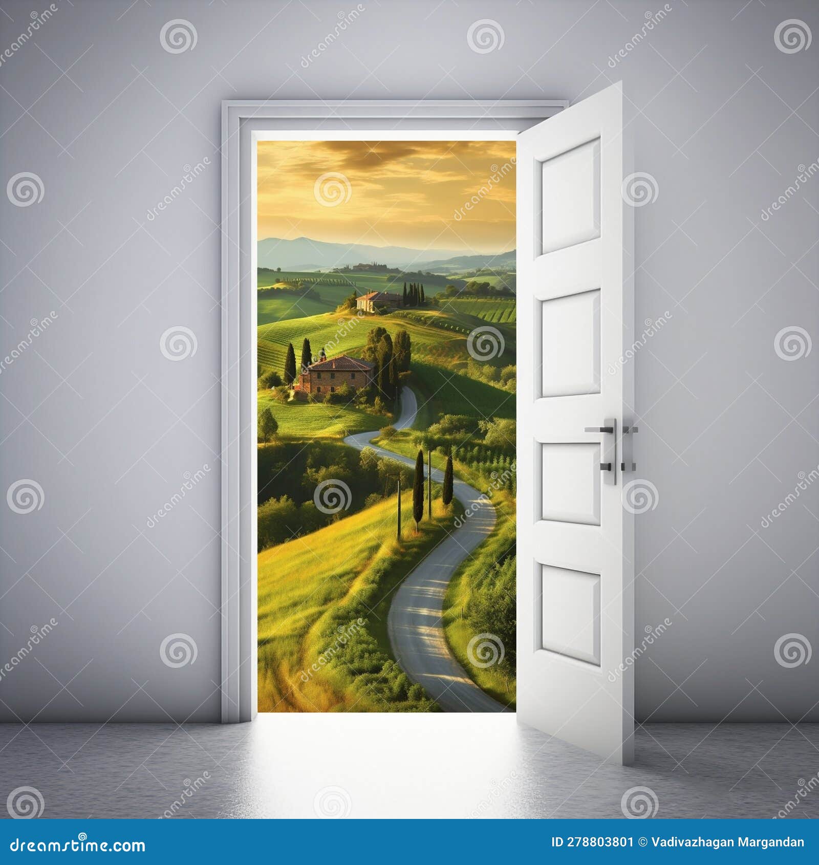 A Mountain House Path View through an Open White Door Stock ...