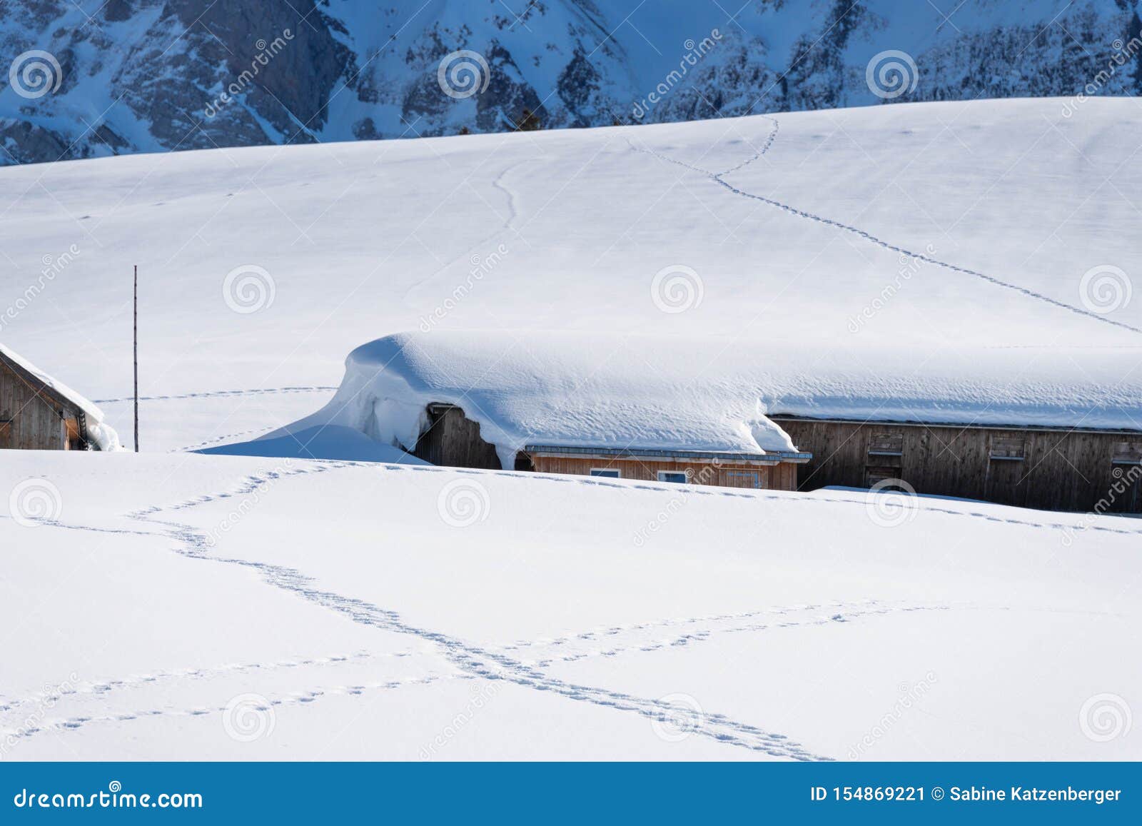Mountain hut in the snow stock image. Image of outdoor - 154869221