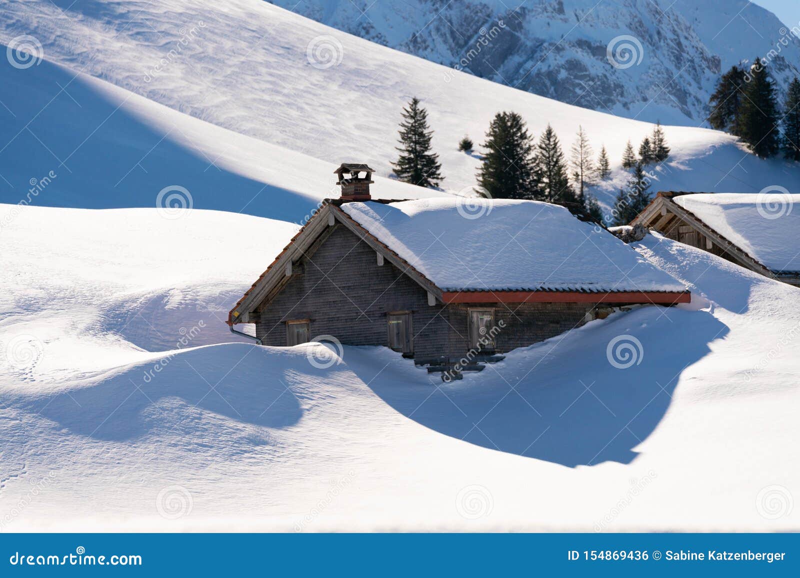 Mountain hut in the snow stock photo. Image of hiking - 154869436