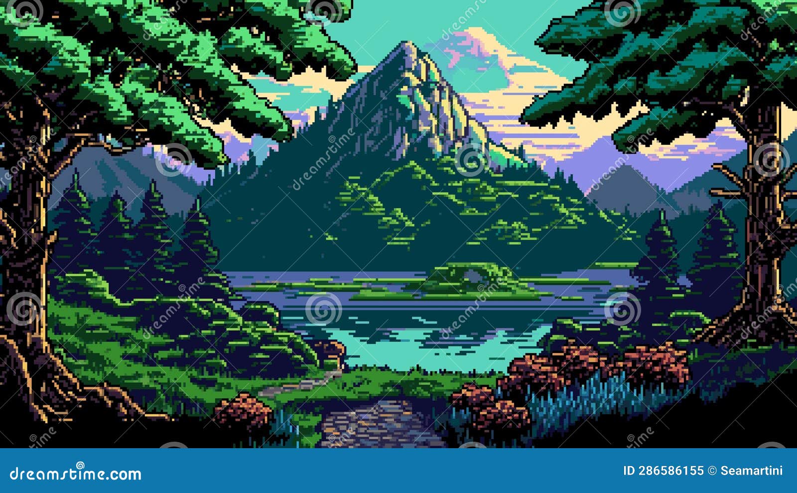 Mountain Lake, Forest Landscape AI Generated Pixel Stock Illustration ...