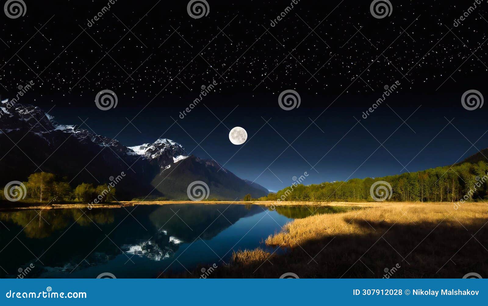 Mountain Lake in the Mountains at Night with Moon and Stars. Stock ...