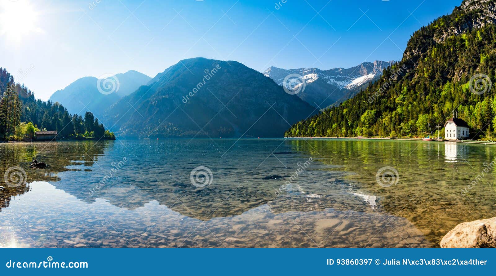 Mountain Lake Panorama with Mountains and Reflection in the Lake Stock ...