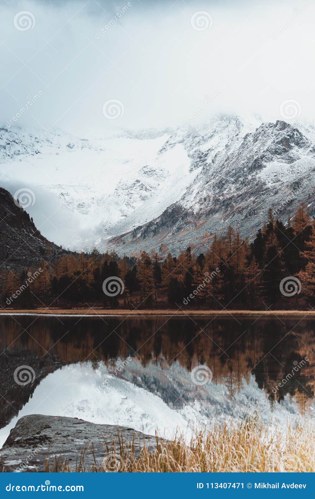 Mountain Lake with Reflection in the Mirrored Surface of the Rocks in ...