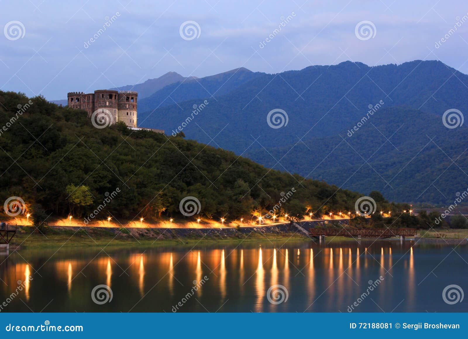 Mountain Lake at Sunset with Castle on Hill Stock Image - Image of ...