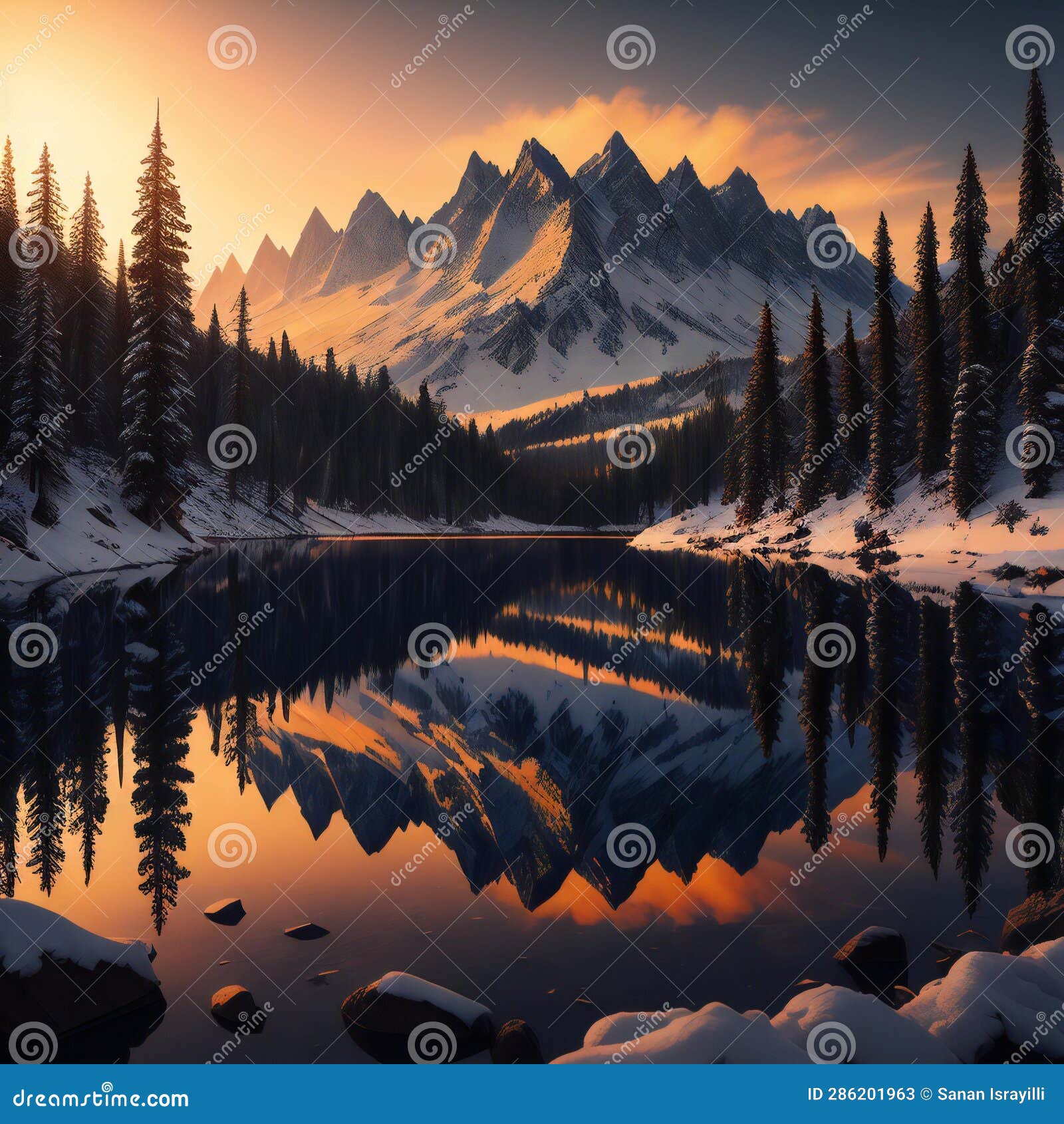 Mountain Lake at Sunset with Reflection in the Water. Winter Landscape ...