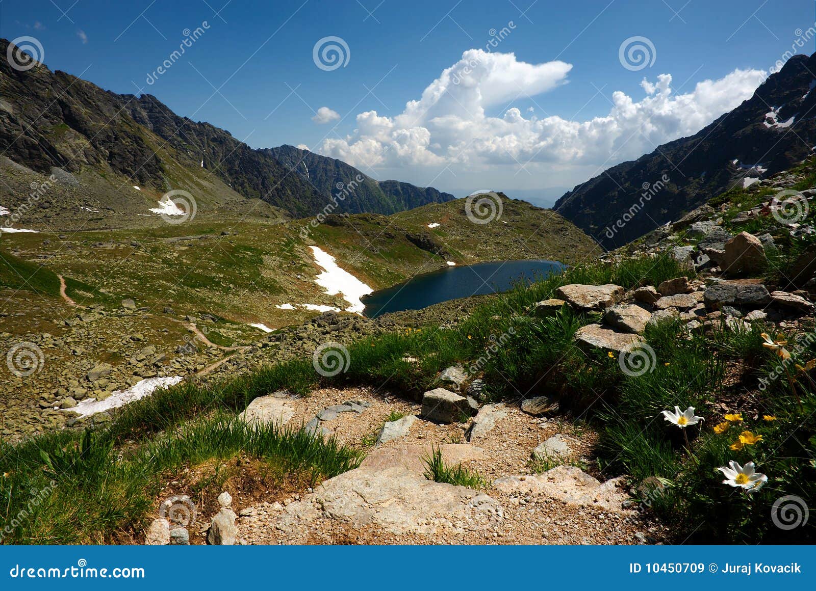 Mountain Lake, Walking Path and Flowers Stock Image - Image of flower ...