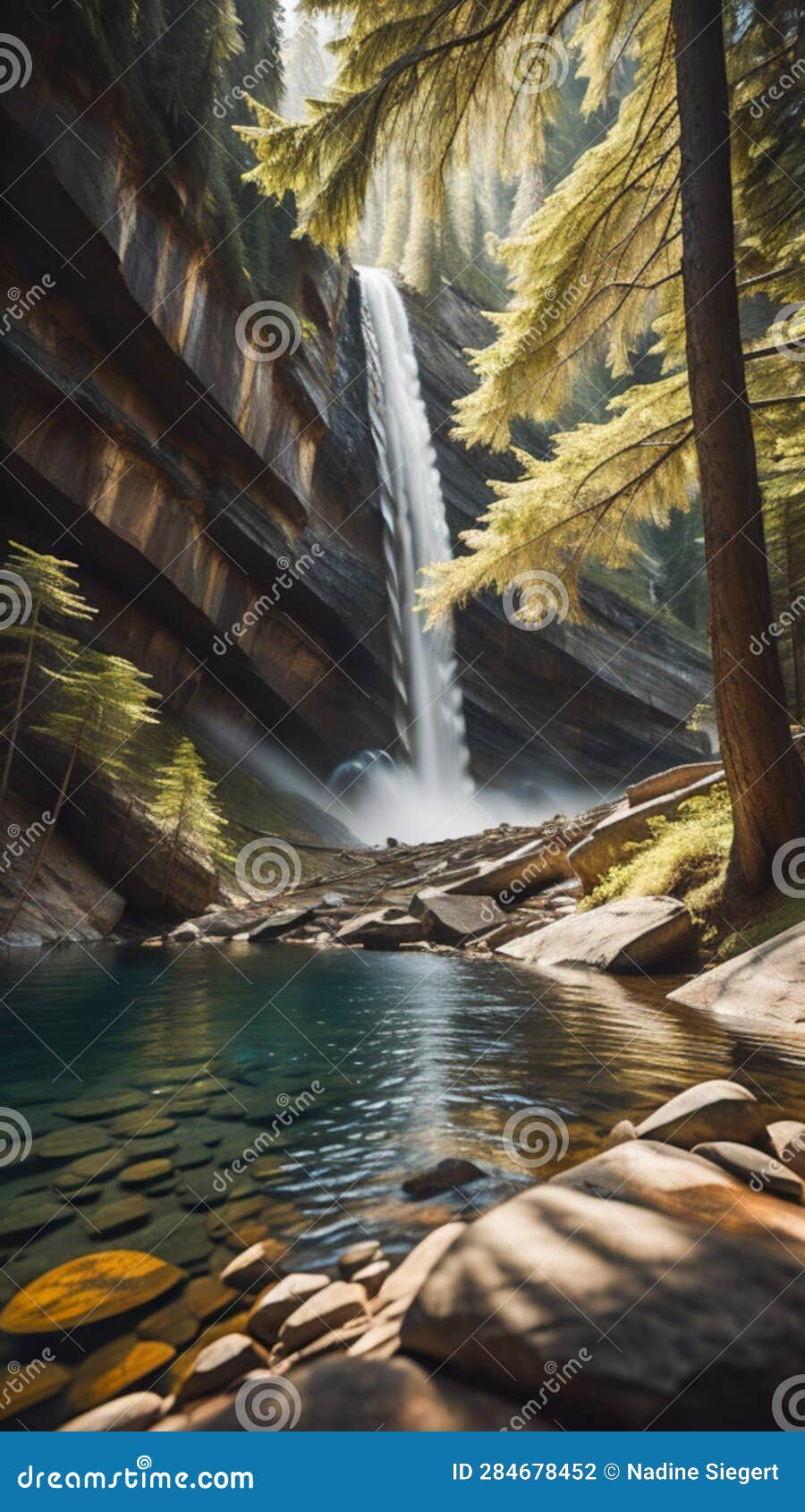 Mountain Lake with a Waterfall Stock Illustration - Illustration of ...