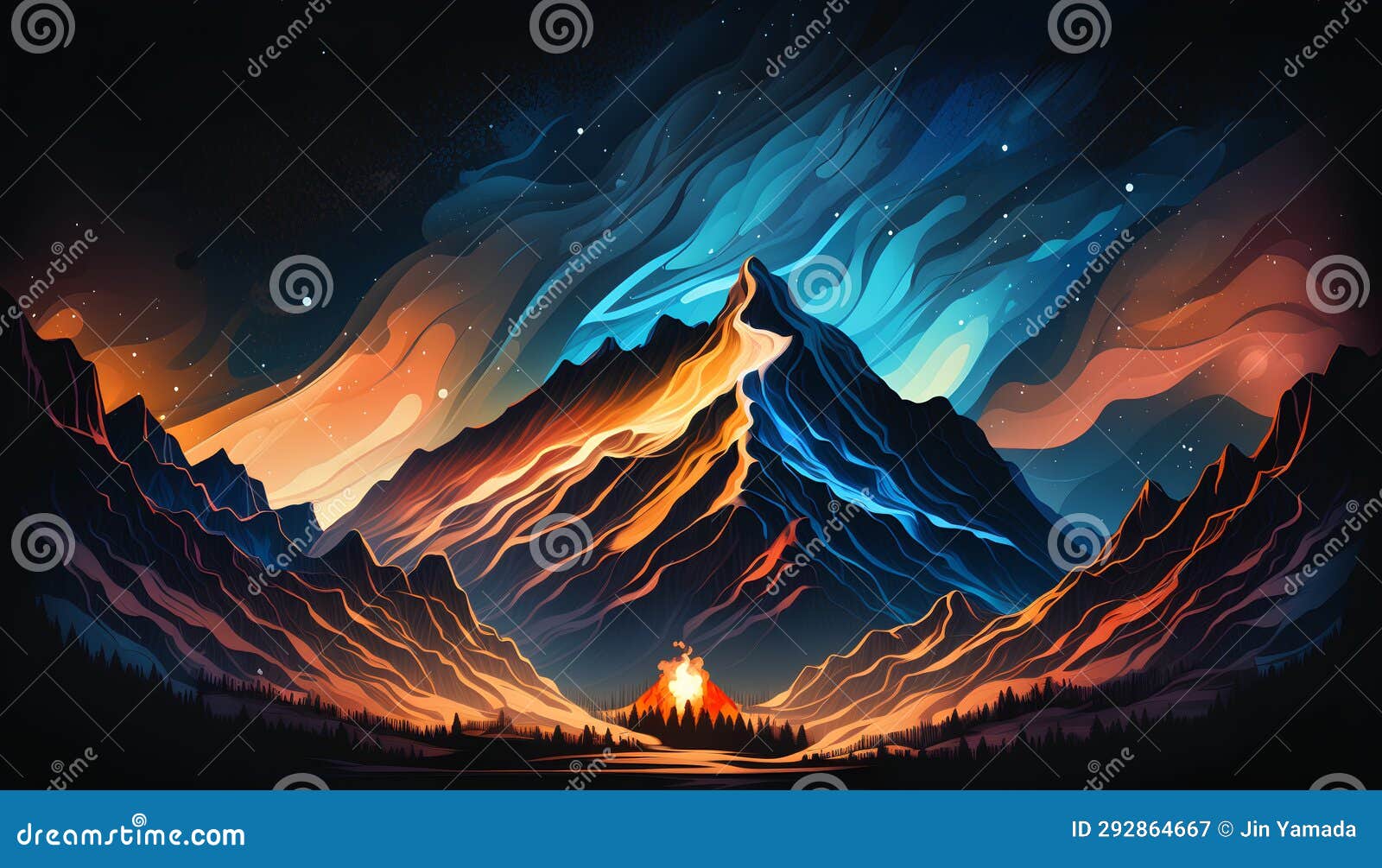 Mountain Landscape with a Bonfire in the Night Sky. Vector Illustration ...