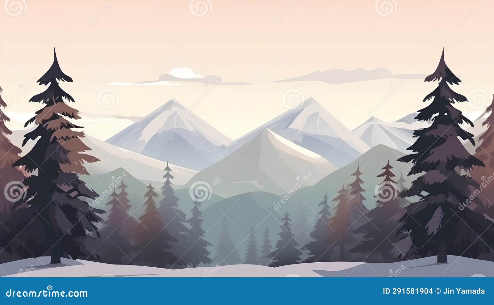 Mountain Landscape with Coniferous Forest and Snowy Peaks. Vector ...