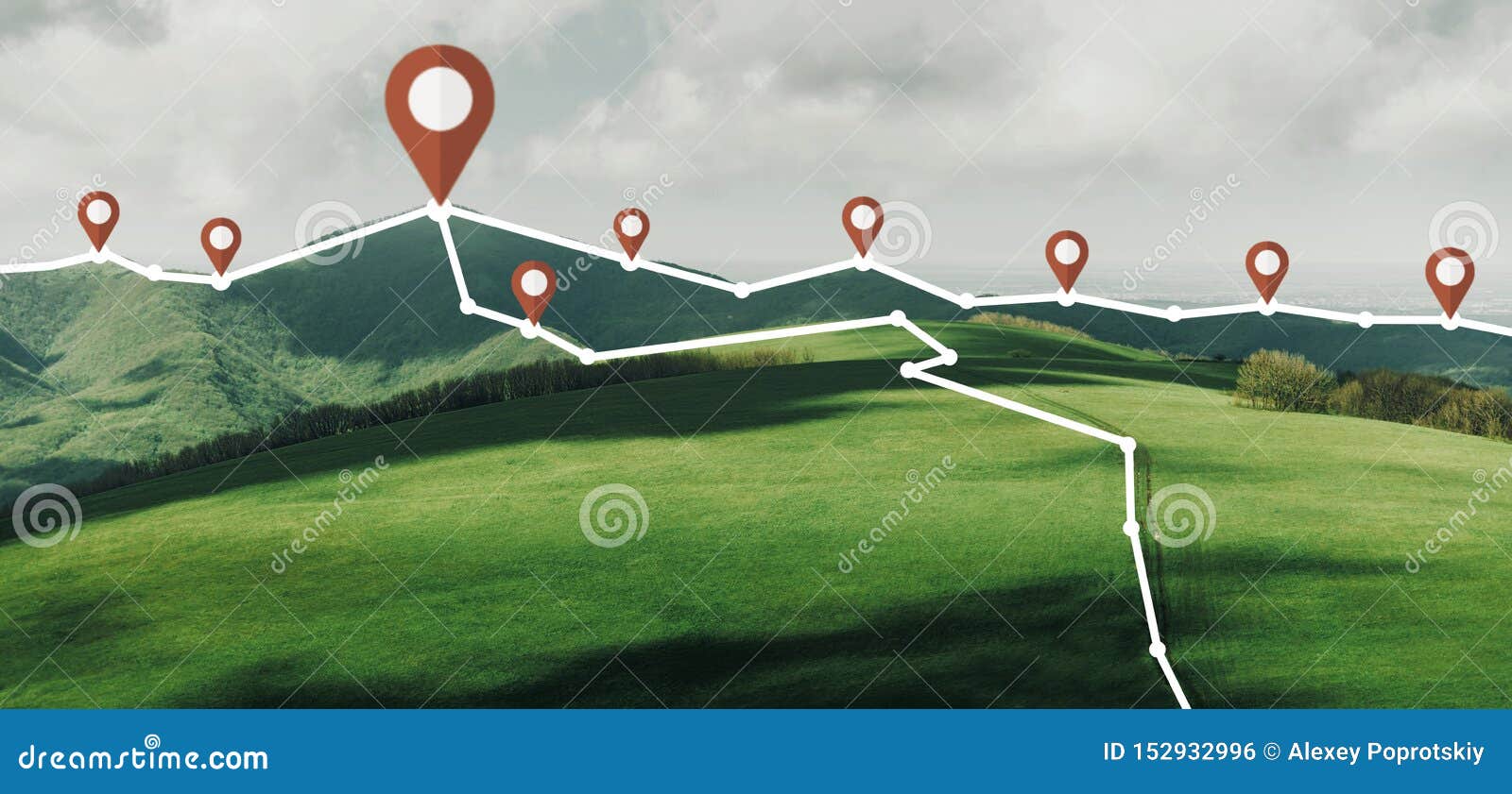 Mountain Landscape with Connected Location Pins. Stock Photo - Image of ...