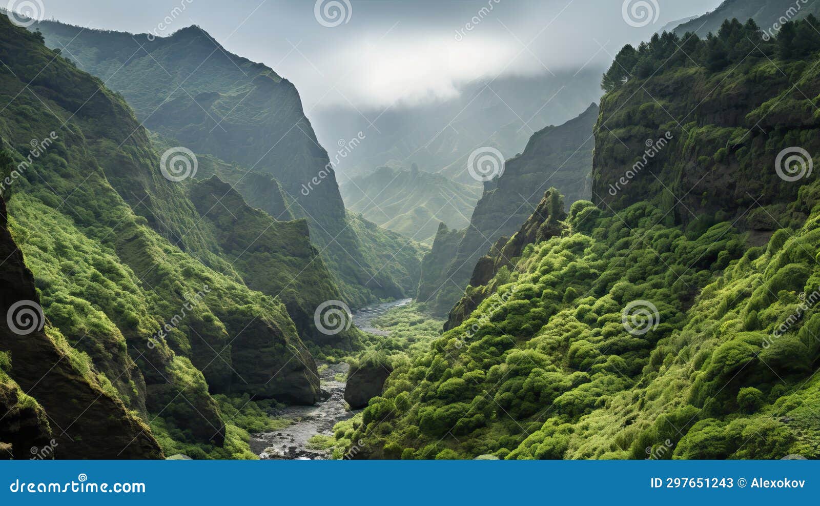 Mountain Landscape with Forest and River in the Mist. 3D Rendering Generative AI Stock ...