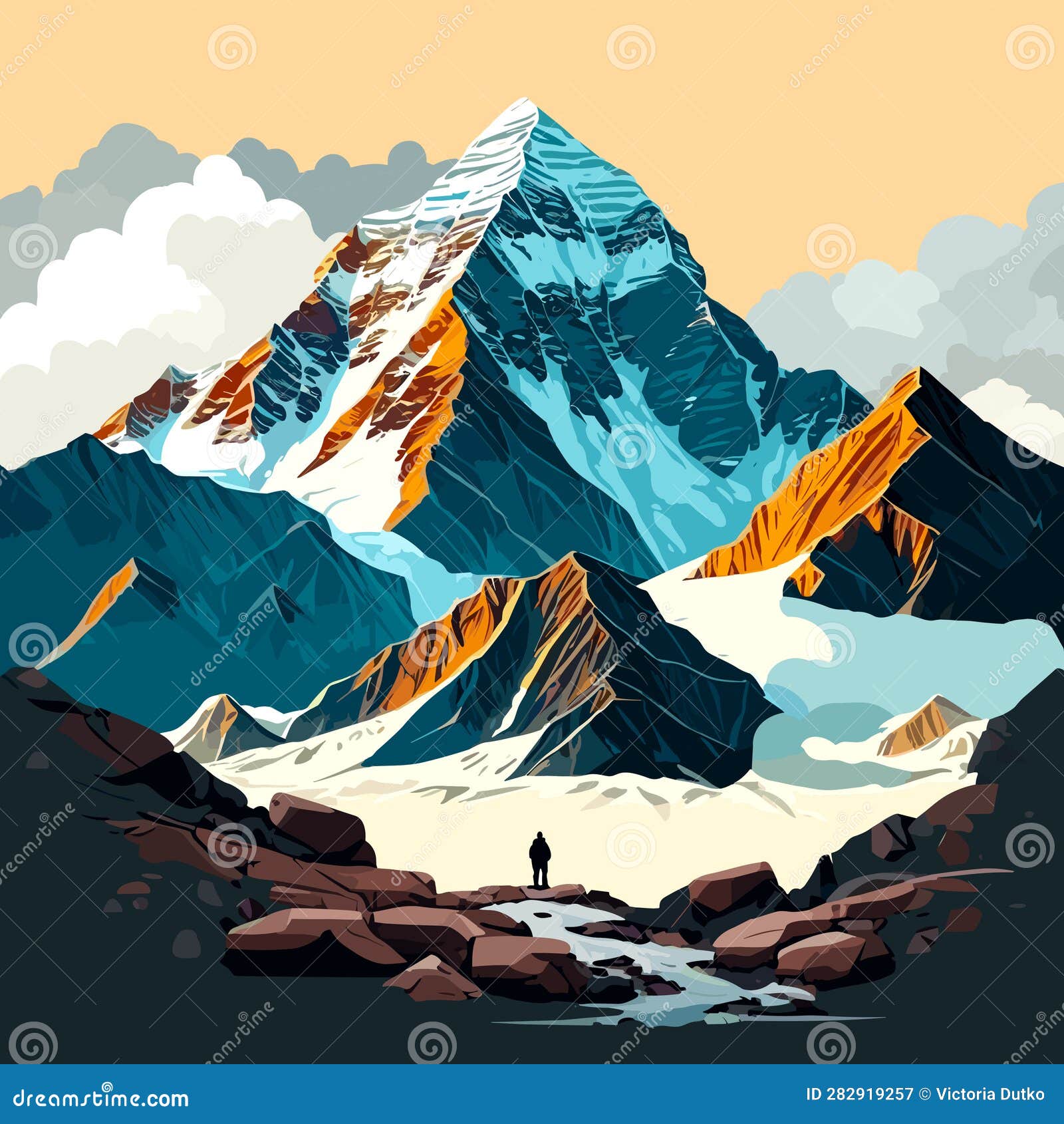 Mountain Landscape with a Man Standing on a Rock. Stock Vector ...