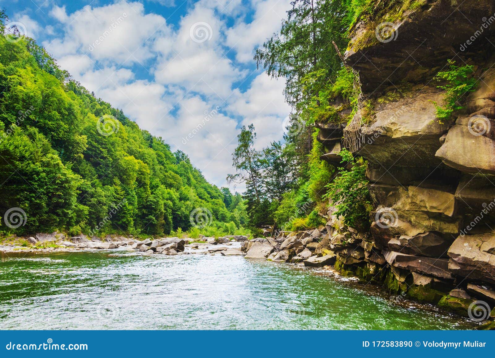 Mountain Landscape with River, High Rocks and Forest on River Bank ...