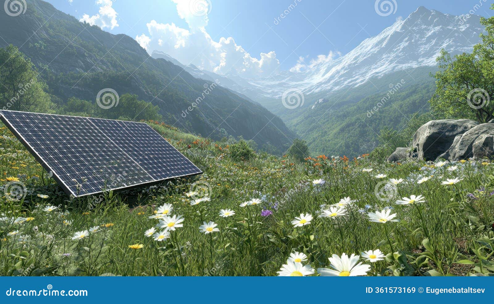 Mountain Landscape with Single Solar Panel Installed in Nature Stock ...
