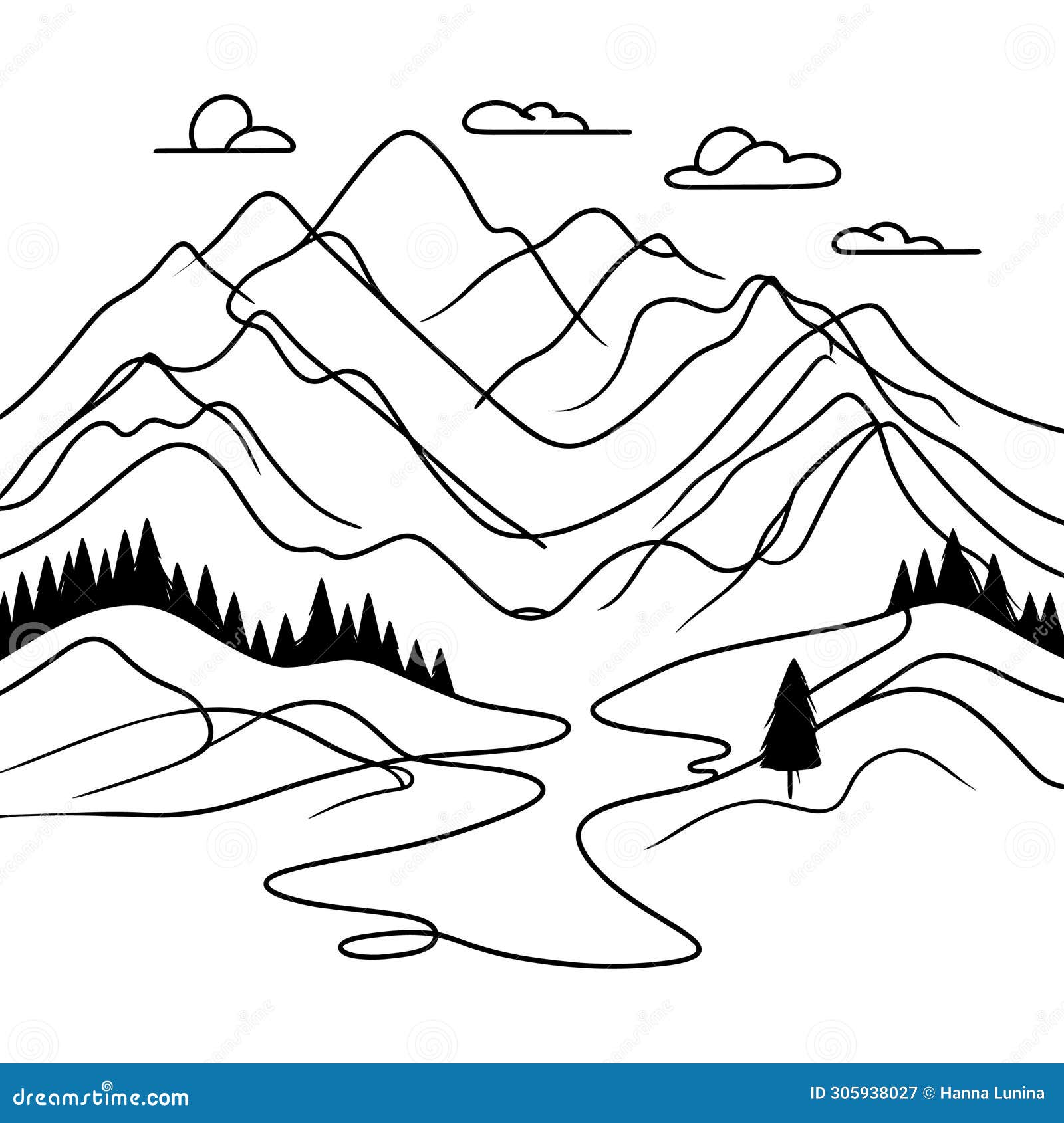 Mountain Landscape with Spruce. Continuous Single Line Drawing. Trips ...