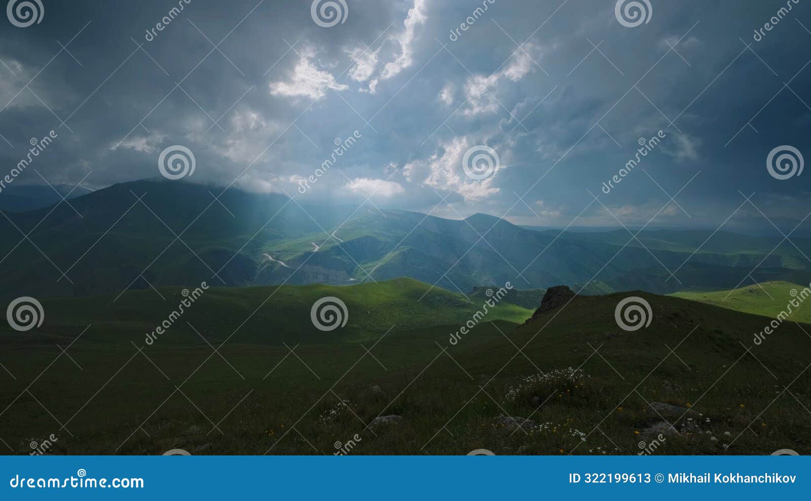 Mountain Landscape with Sun Rays Stock Illustration - Illustration of ...