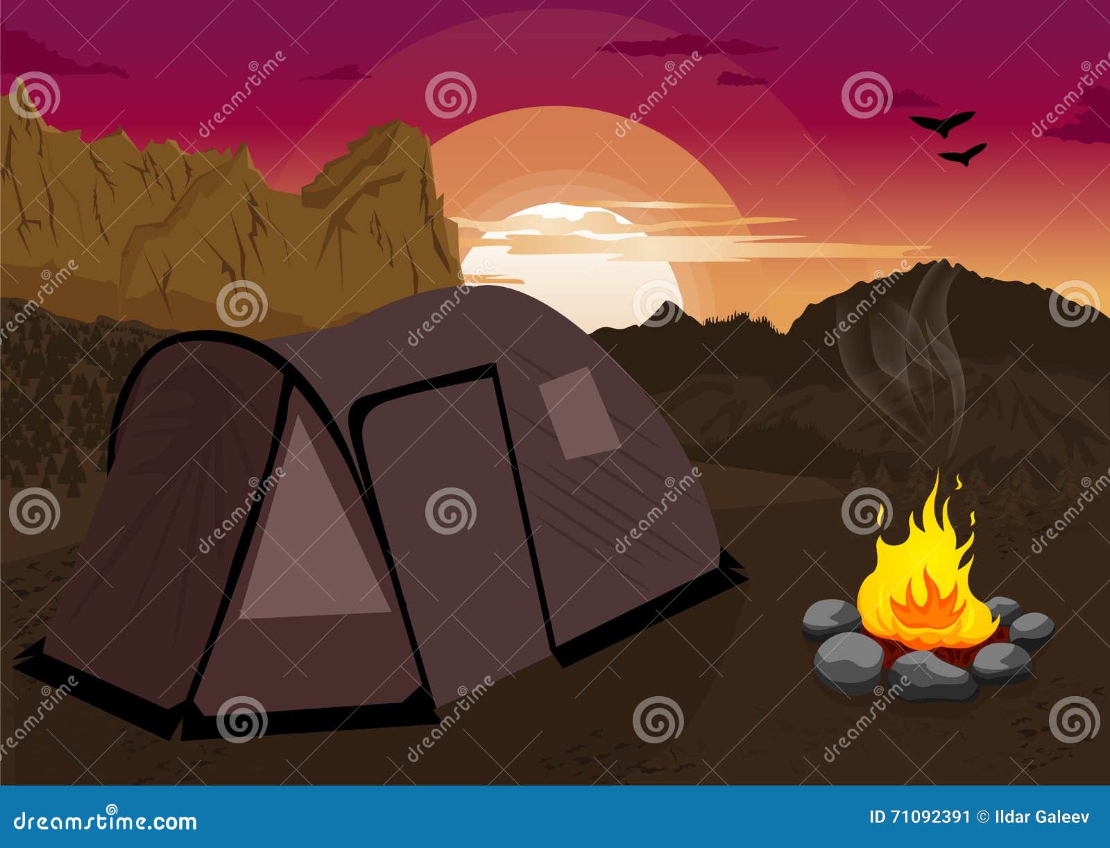 Mountain Landscape at Sunset with Camping Tent and Campfire Stock ...
