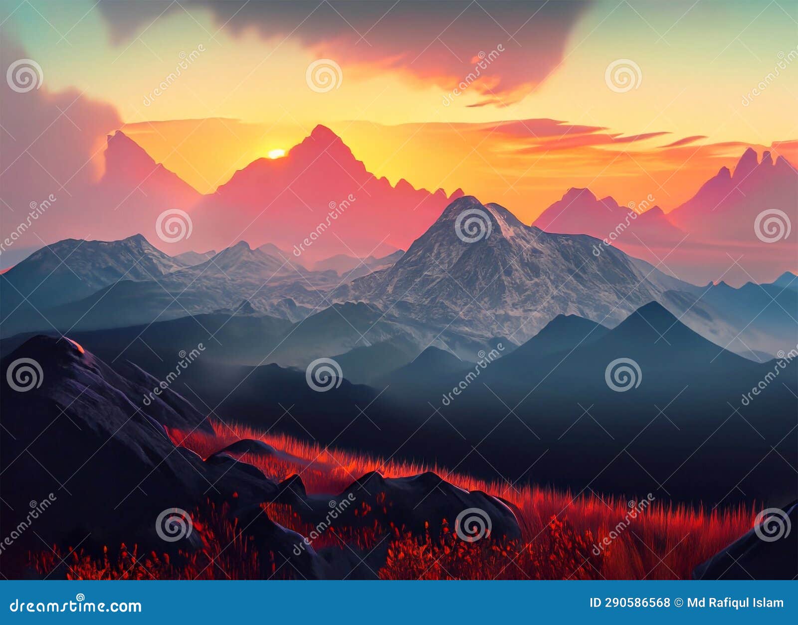 Mountain Landscape at Sunset. Digital Art Painting. 3d Rendering Stock ...