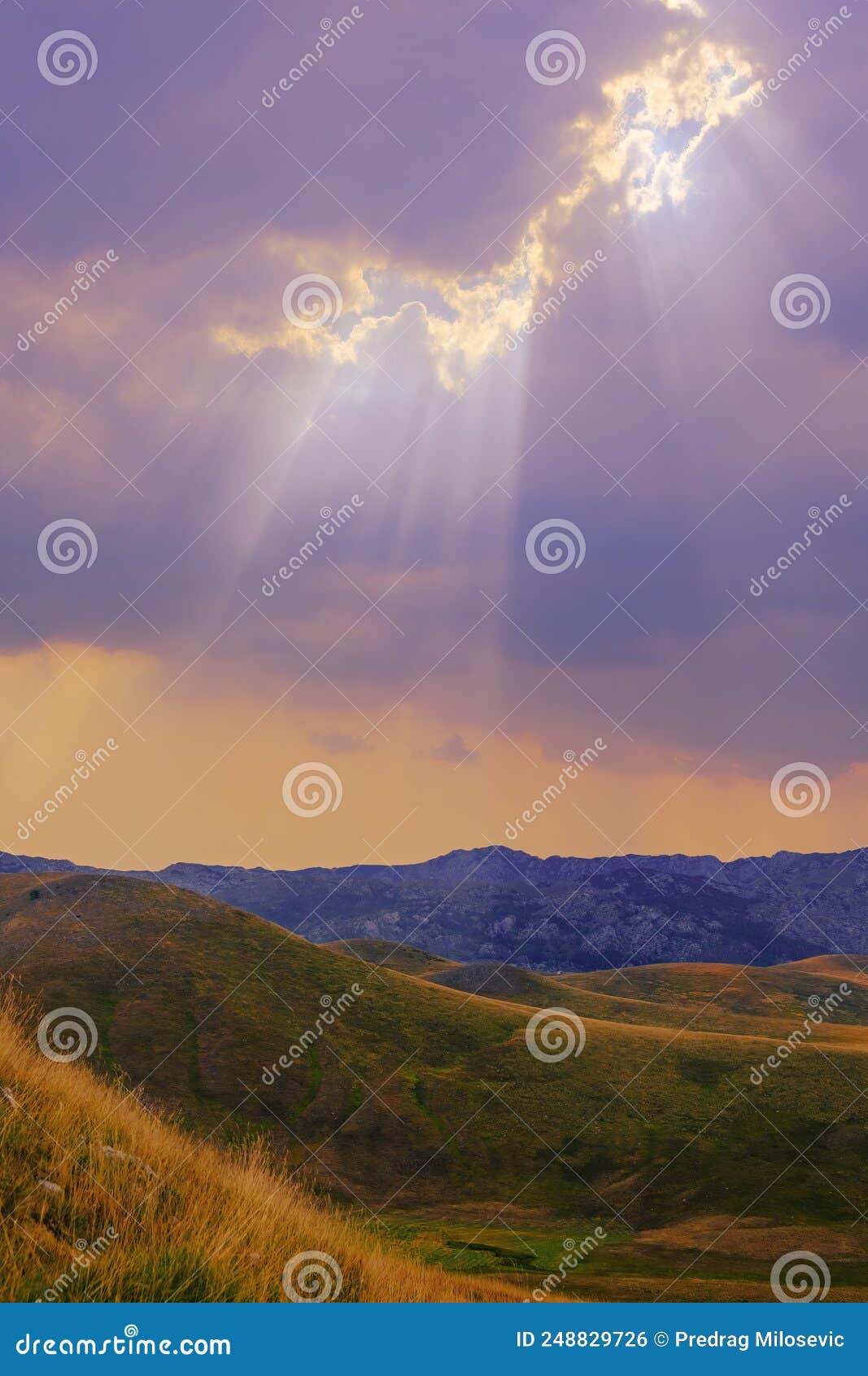 Mountain Landscape Sunset, Dramatic Clouds, God Rays Stock Photo ...