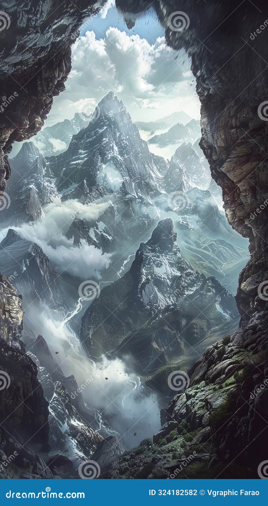 Mountain Landscape Viewed from Cave with Dramatic Clouds and Mist ...