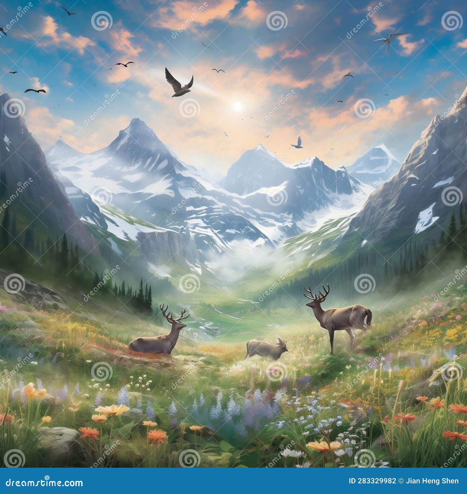 Mountain Landscape with Wild Animals, Meadow and Forest. Illustration ...