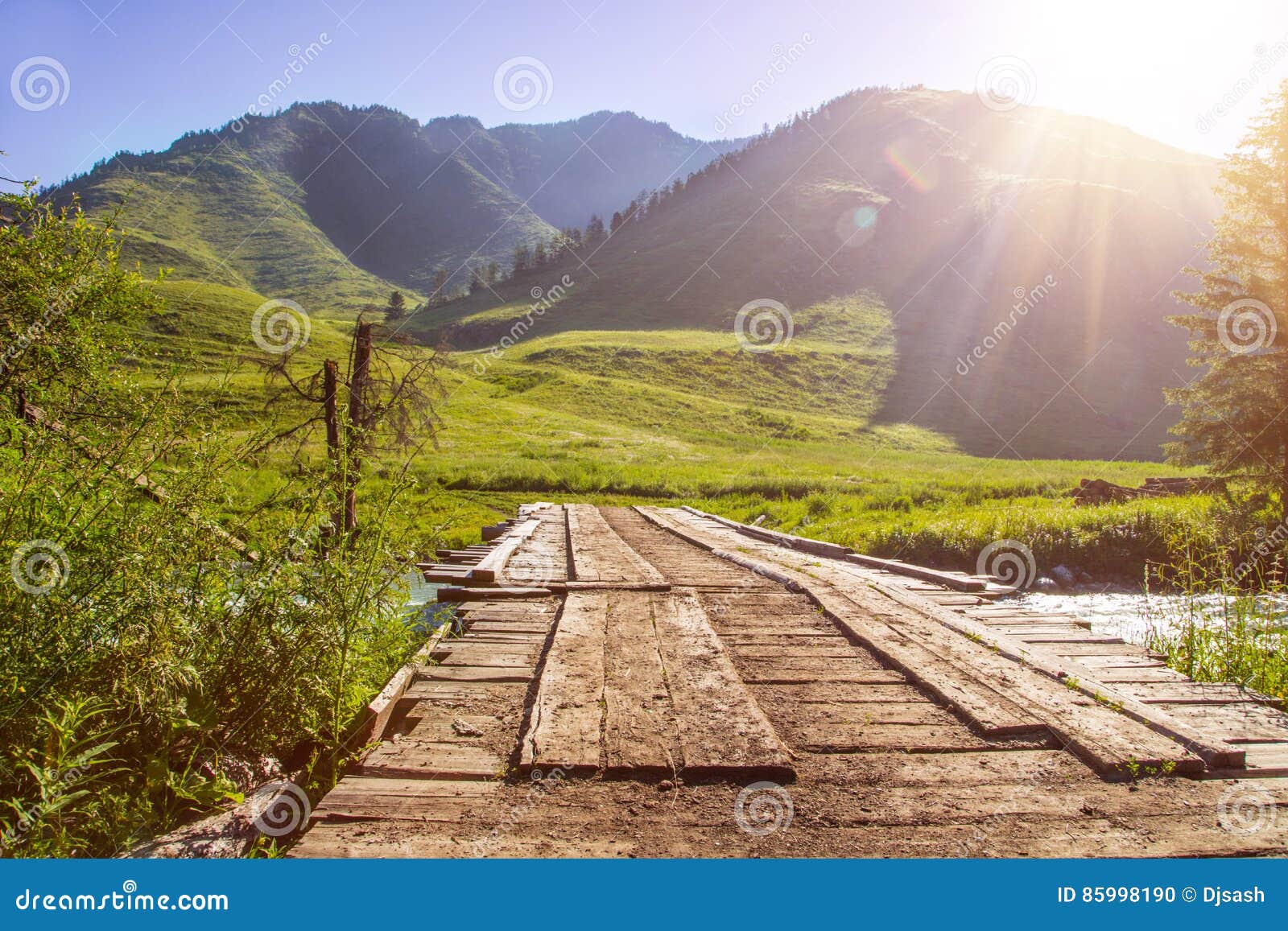 Mountain Landscape with Wooden Bridge Stock Photo - Image of hiking ...