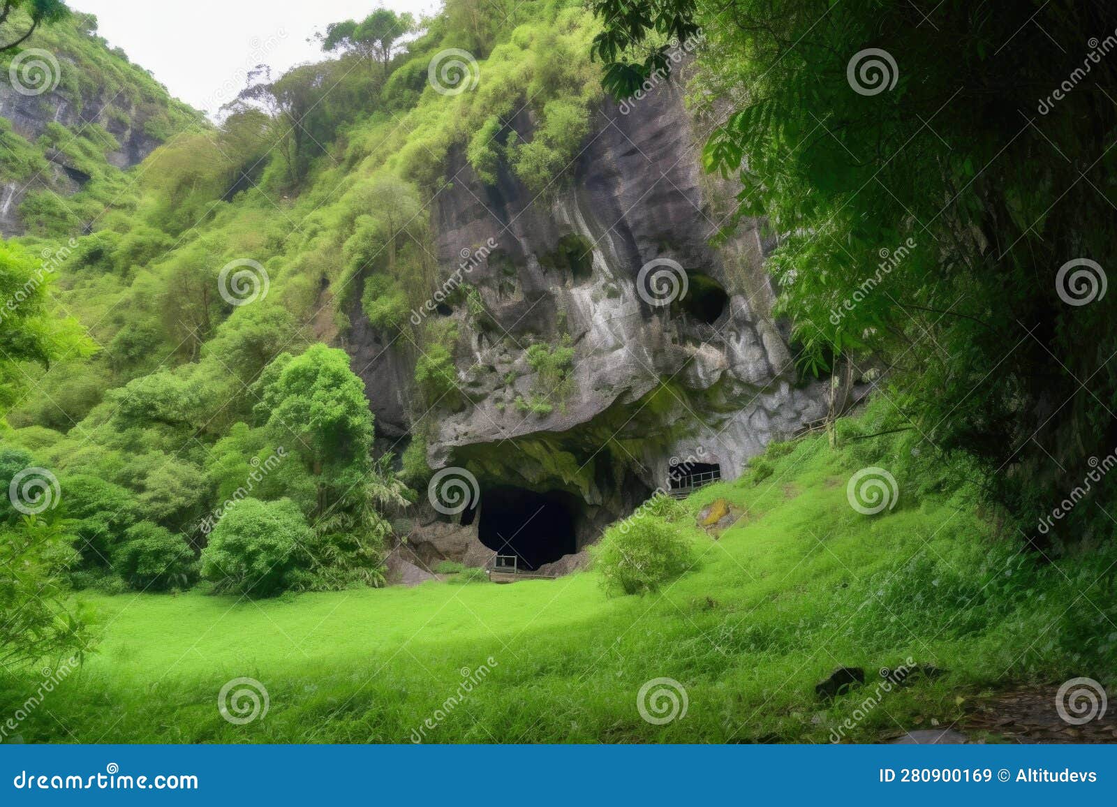 Mountain with Large Cave Entrance, Surrounded by Lush Greenery Stock ...