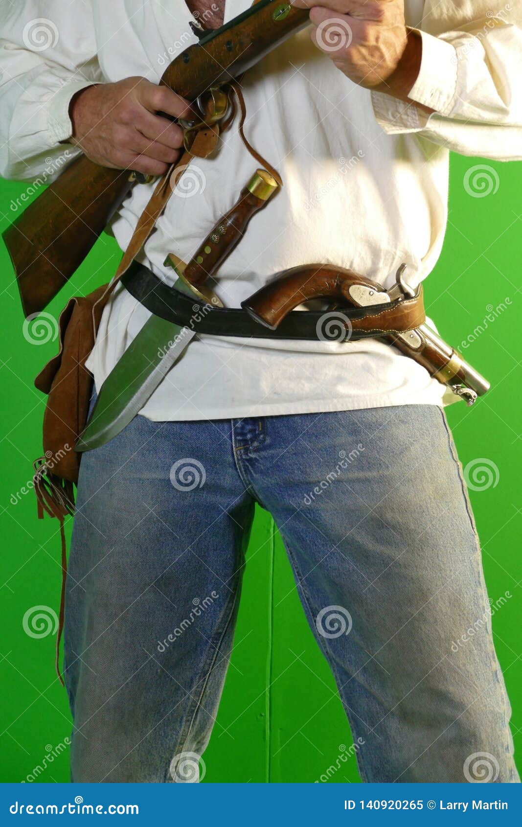 Mountain Man Muzzle Loader, Tomahawk, Knife, Possibles Stock Image ...