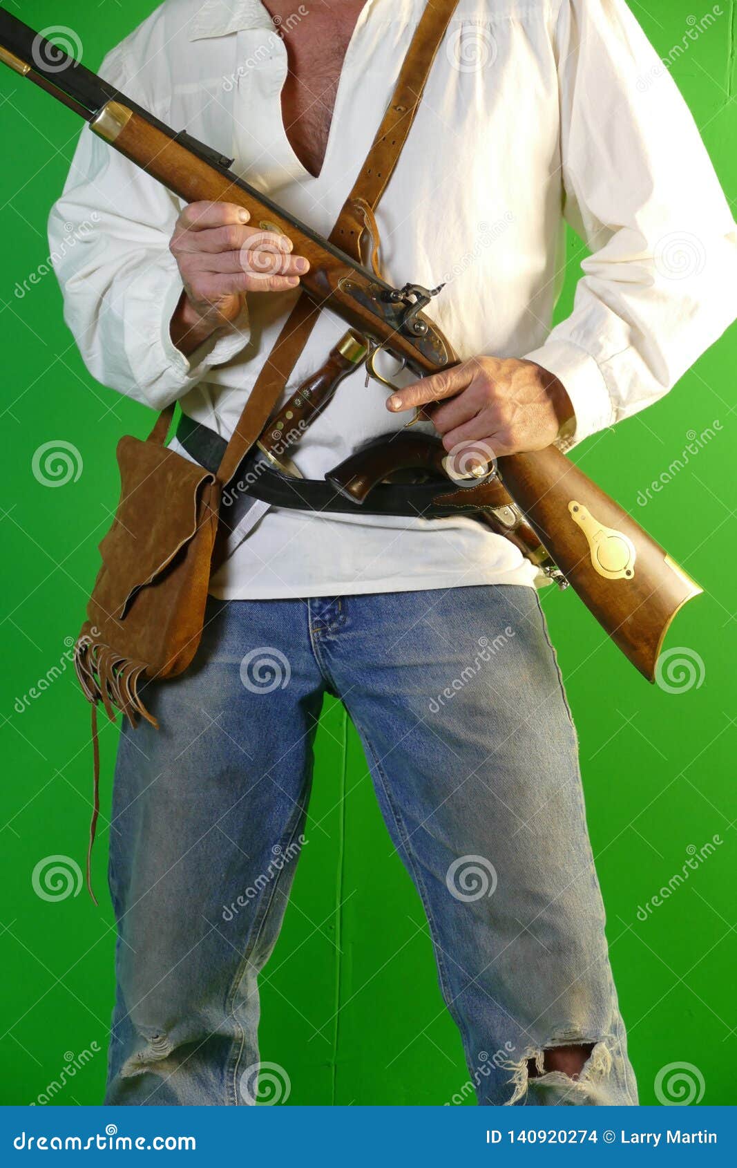 Mountain Man Muzzle Loader, Tomahawk, Knife, Possibles Stock Photo ...