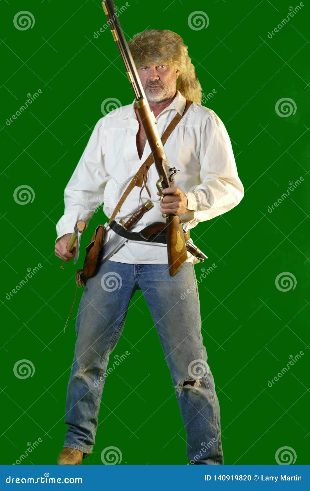 Mountain Man Muzzle Loader, Tomahawk, Knife, Possibles Stock Photo ...