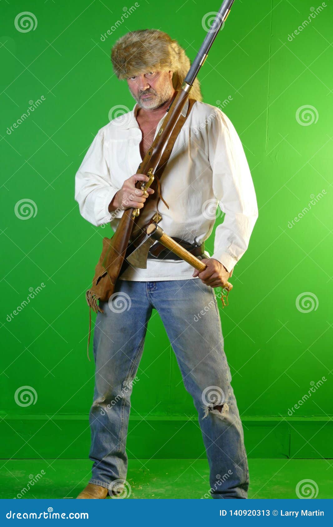 Mountain Man Muzzle Loader, Tomahawk, Knife, Possibles Stock Image ...